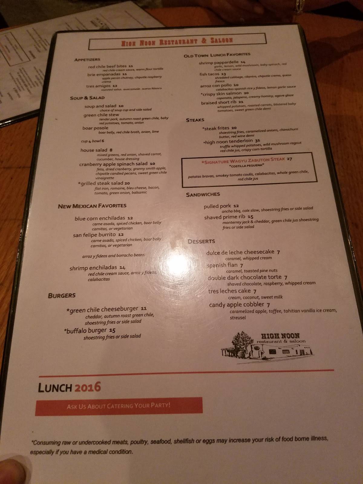 Menu at High Noon Restaurant & Saloon, Albuquerque