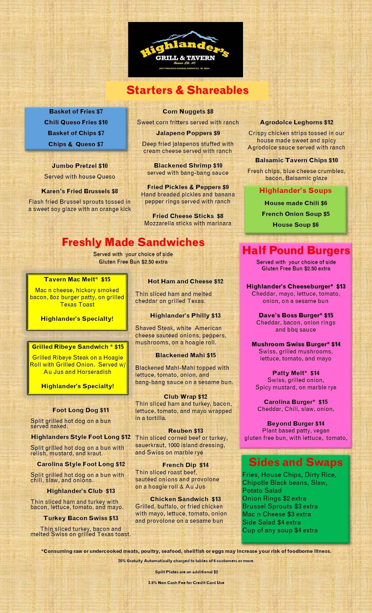 Menu at Highlanders Grill And Tavern pub & bar, Banner Elk