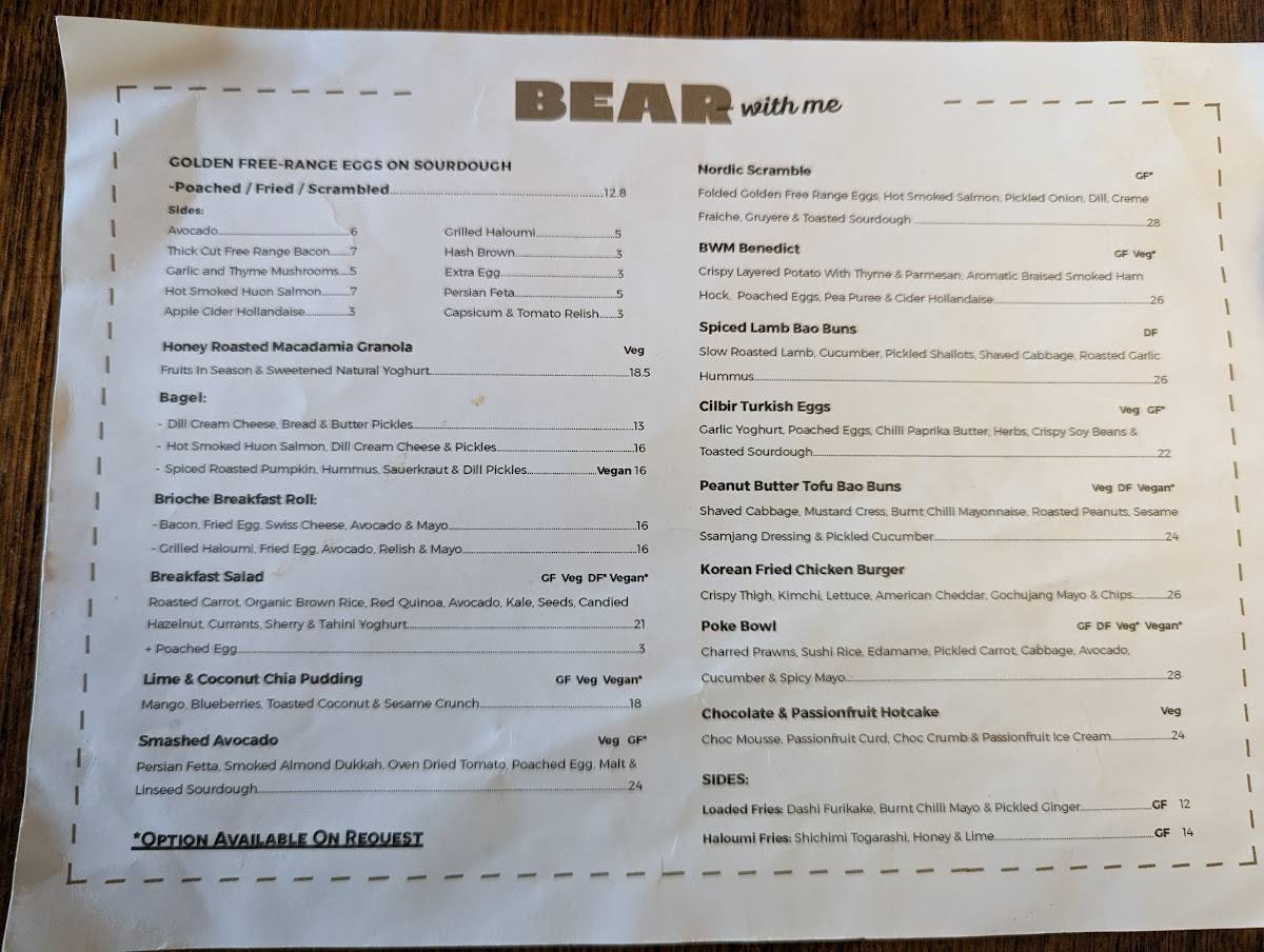 Menu at Bear With Me cafe, South Hobart