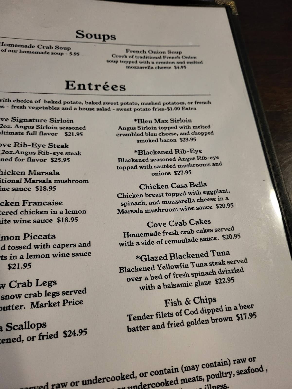 Menu at The Cove Restaurant, Holden Beach