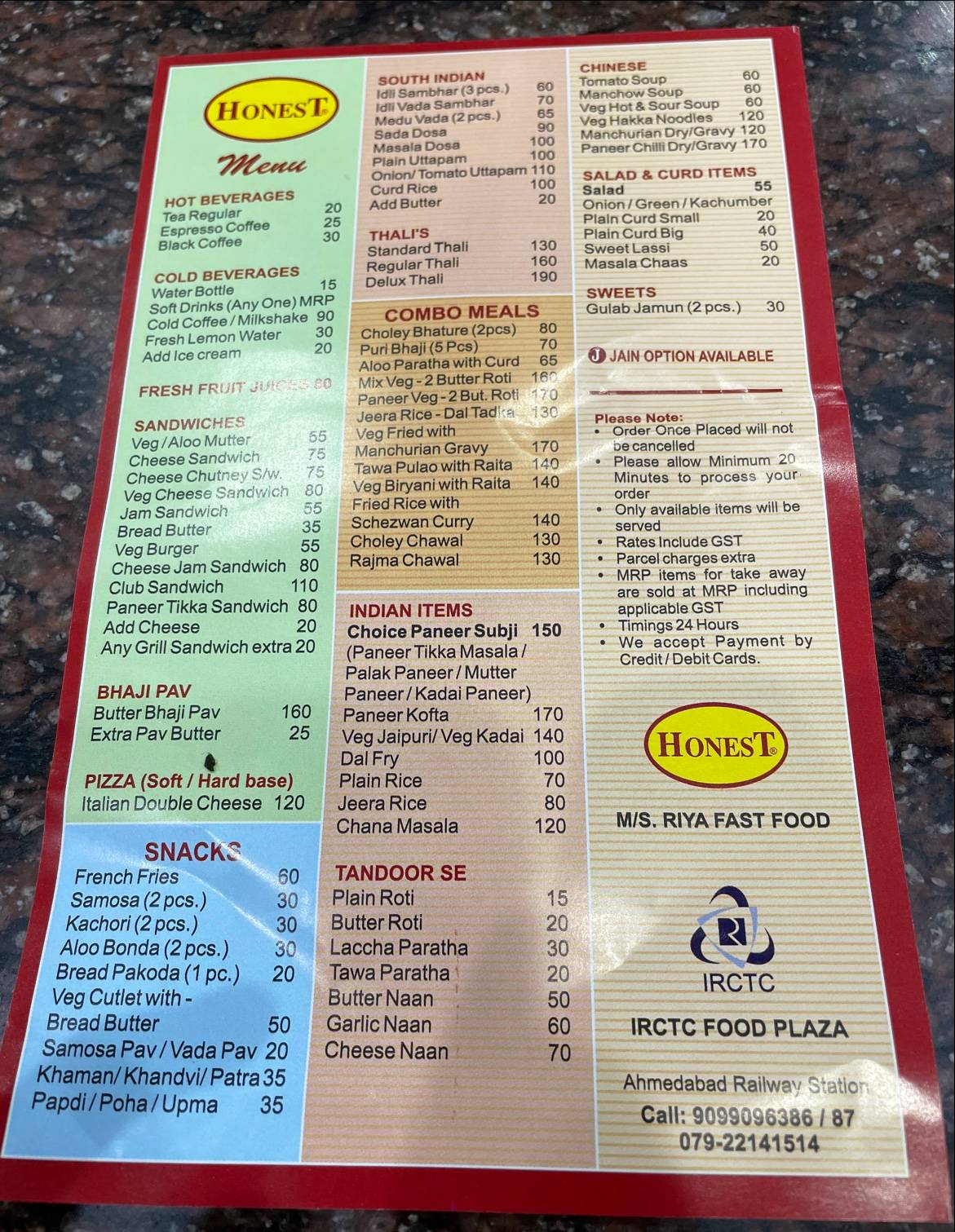 Menu at Honest Restaurant, Ahmedabad, Railway Station