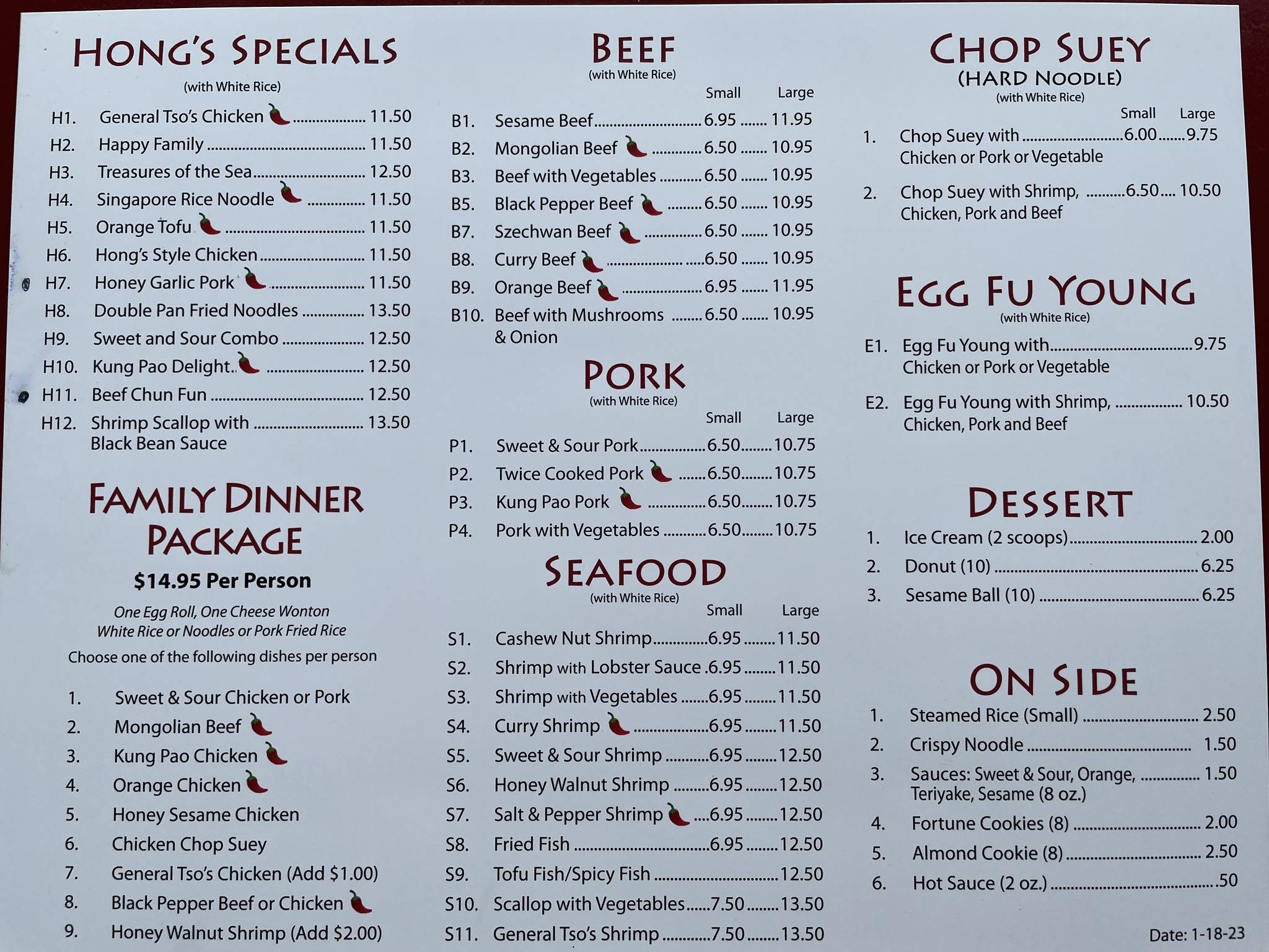 Menu at Hong's Chinese Restaurant, Crookston