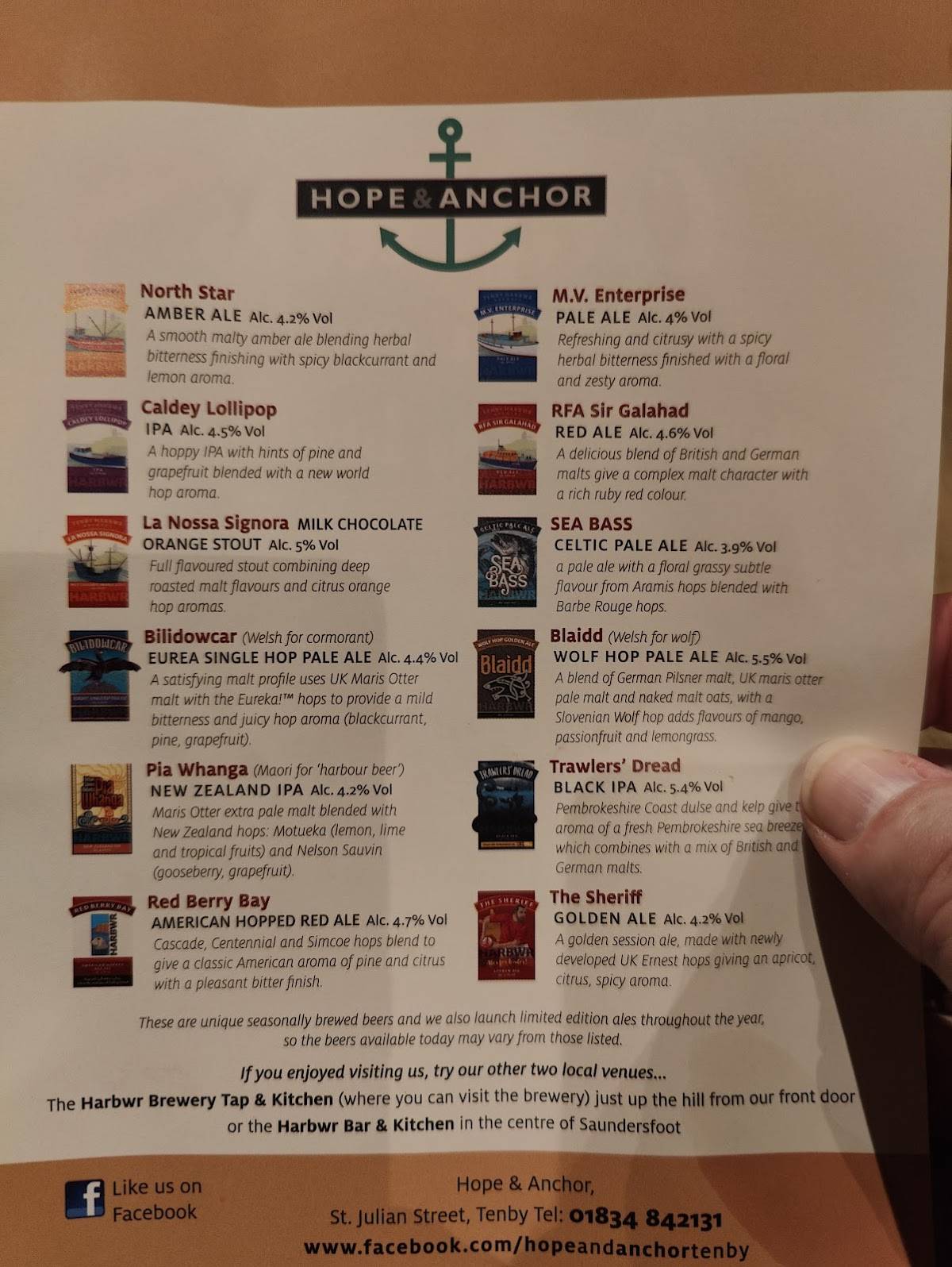 Menu at Hope & Anchor pub & bar, Tenby