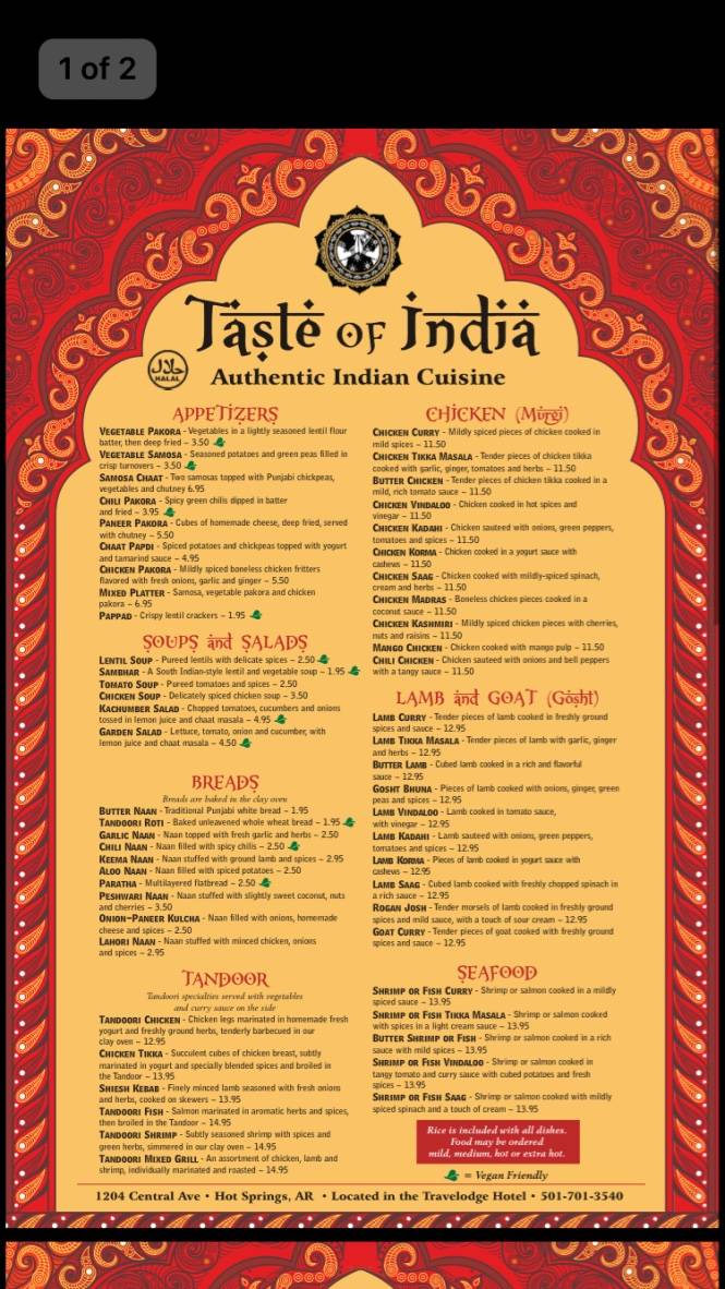 Menu at Taste Of India restaurant, Hot Springs