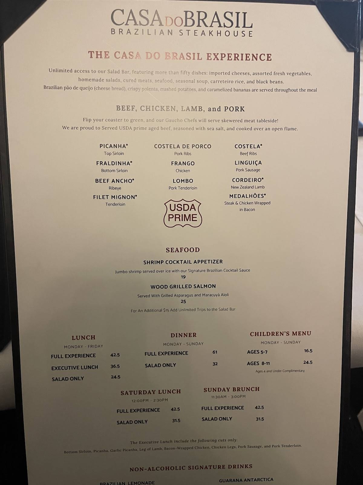 Menu at Casa do Brasil steakhouse, Houston