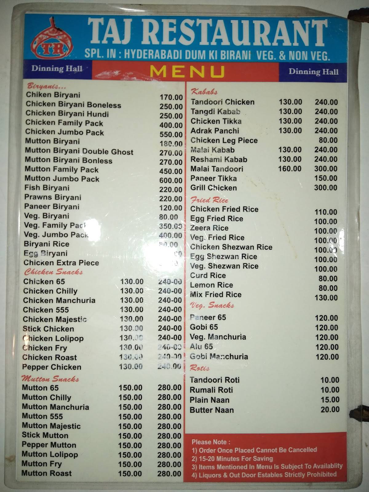 Menu at Taj Restaurant, Hyderabad