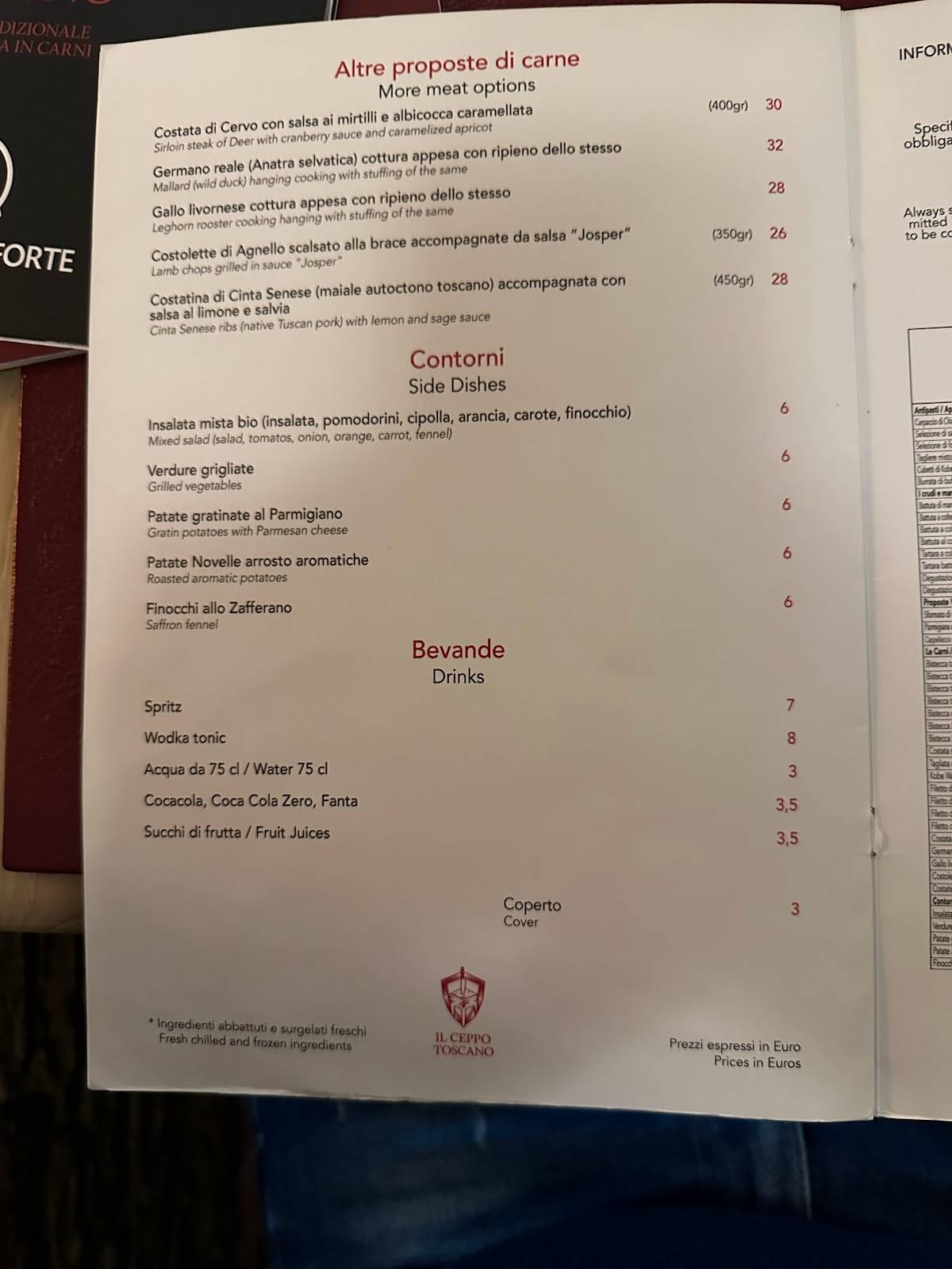 Speisekarte von Il Ceppo Toscano restaurant, San Gimignano