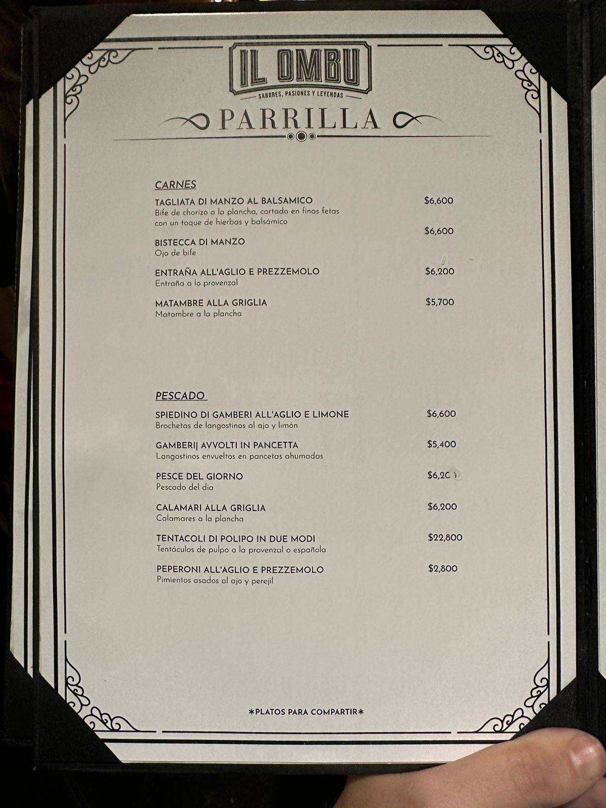 Carta del restaurante Il Ombu Trattoria Italiana, Buenos Aires