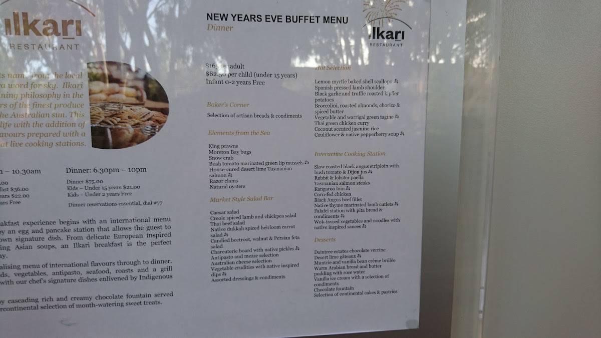 Menu at Ilkari Restaurant, Yulara