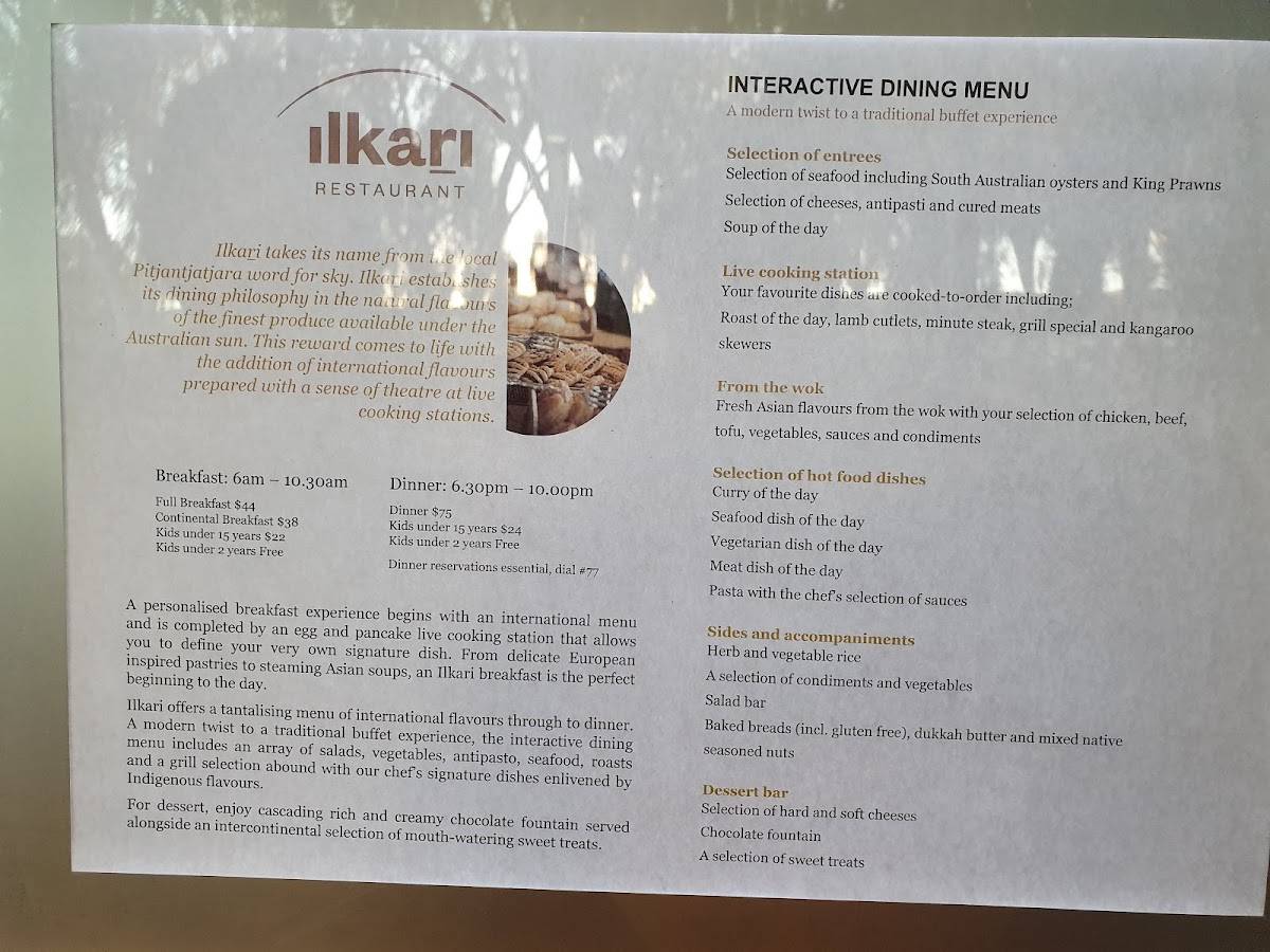 Menu at Ilkari Restaurant, Yulara