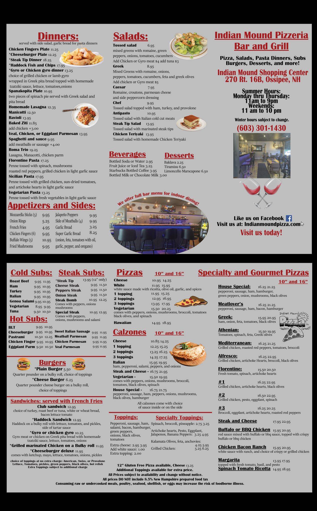 Menu at Indian Mound House of Pizza pizzeria, Ossipee