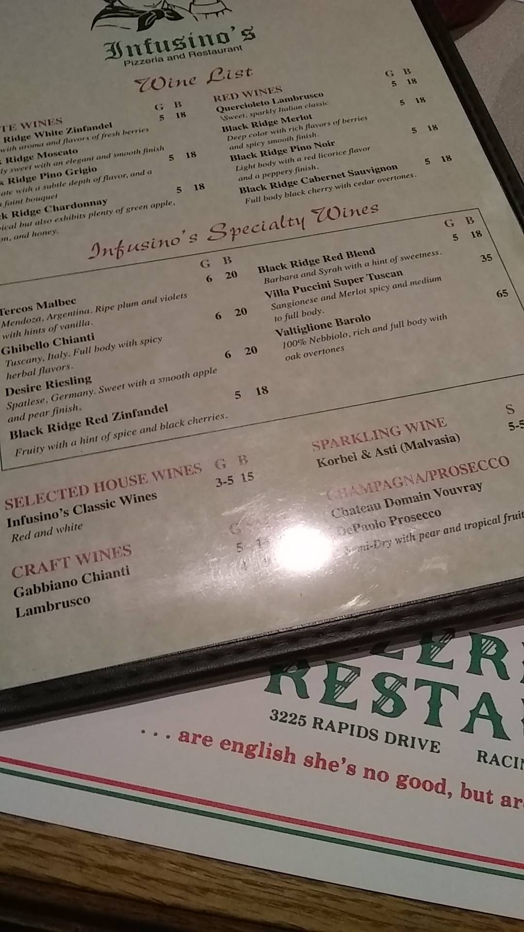 Menu at Infusino's Restaurant & Pizzeria, Racine
