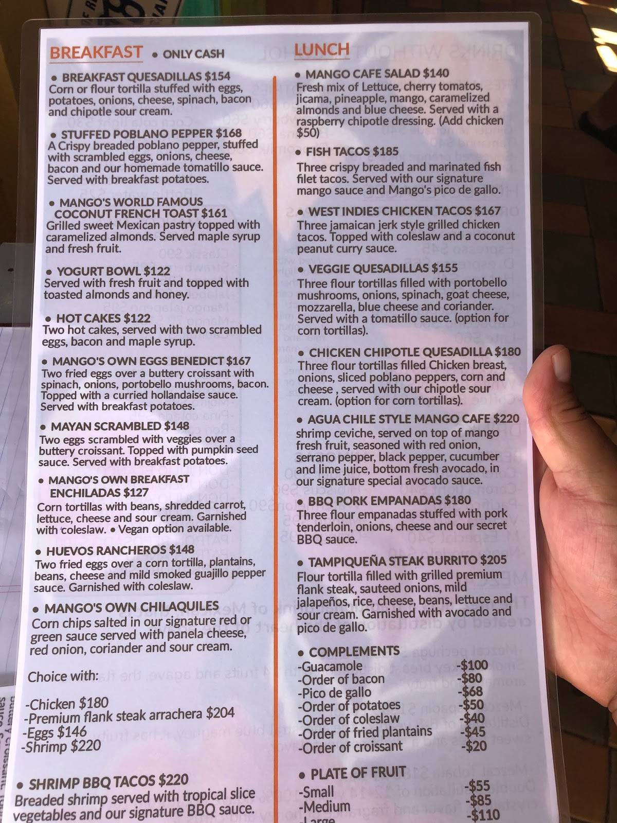 Menu at Mango Cafe, Isla Mujeres