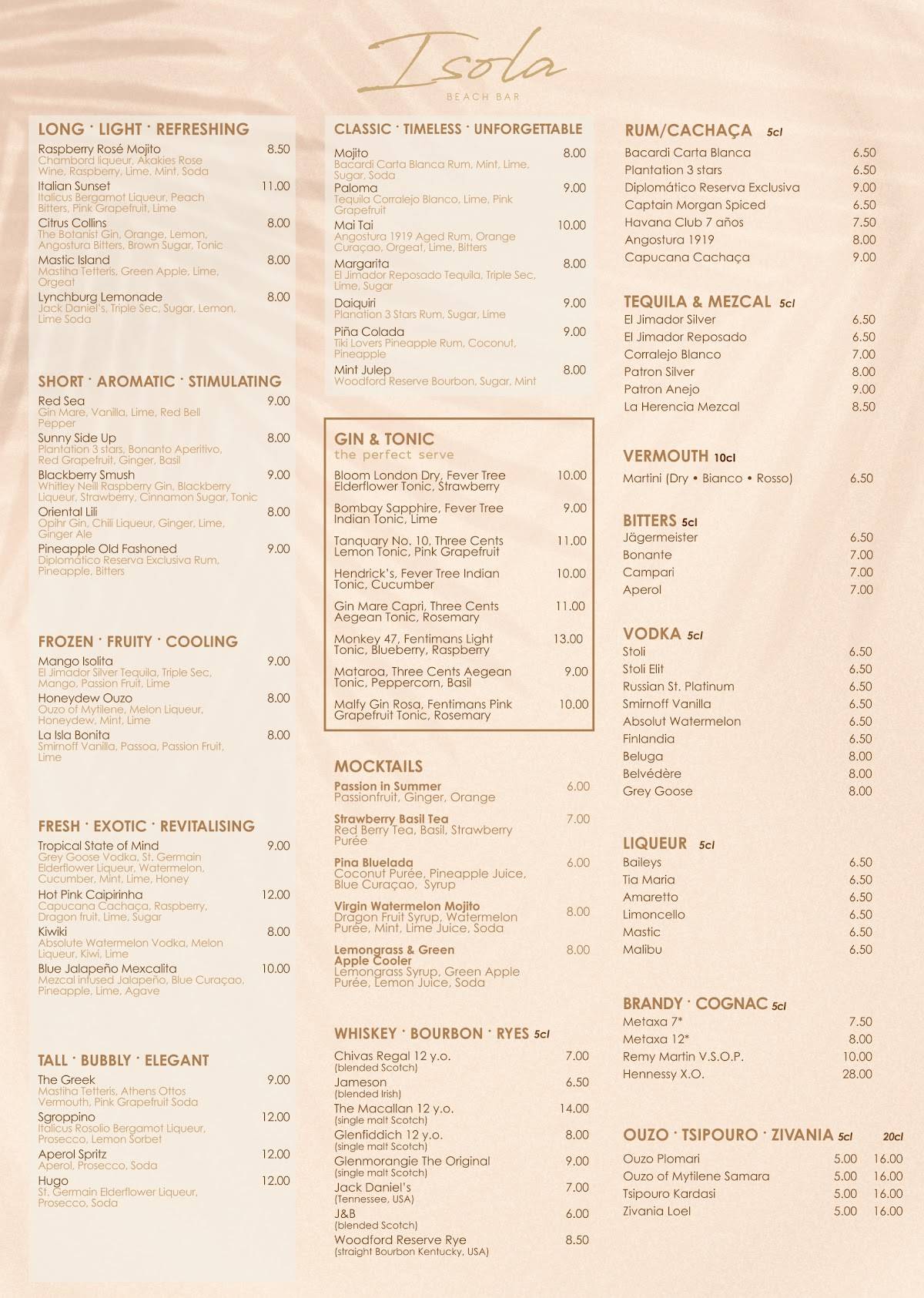 Menu at Isola Beach Bar by Nissi Beach, Ayia Napa