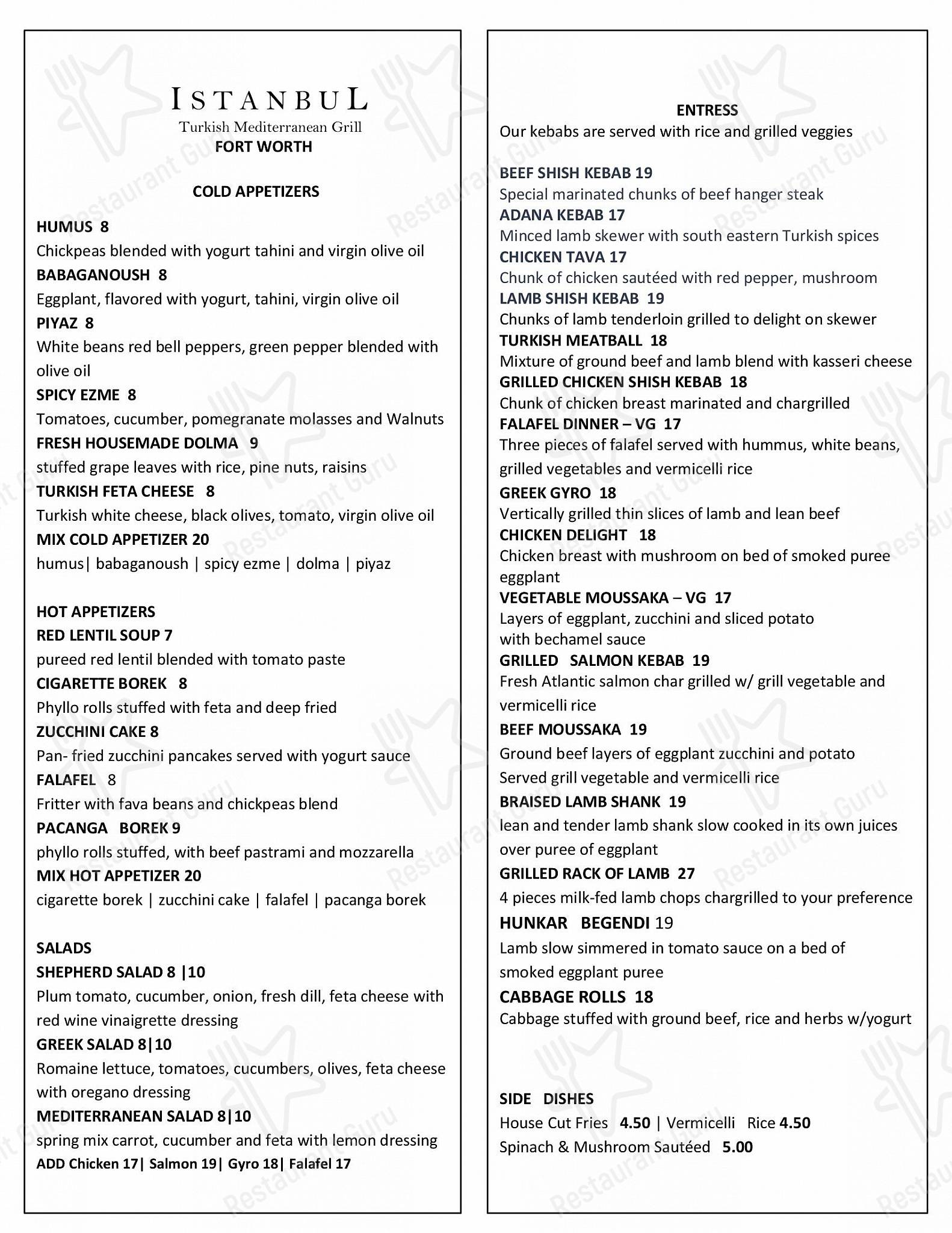 Menu at Istanbul grill & bar, Fort Worth