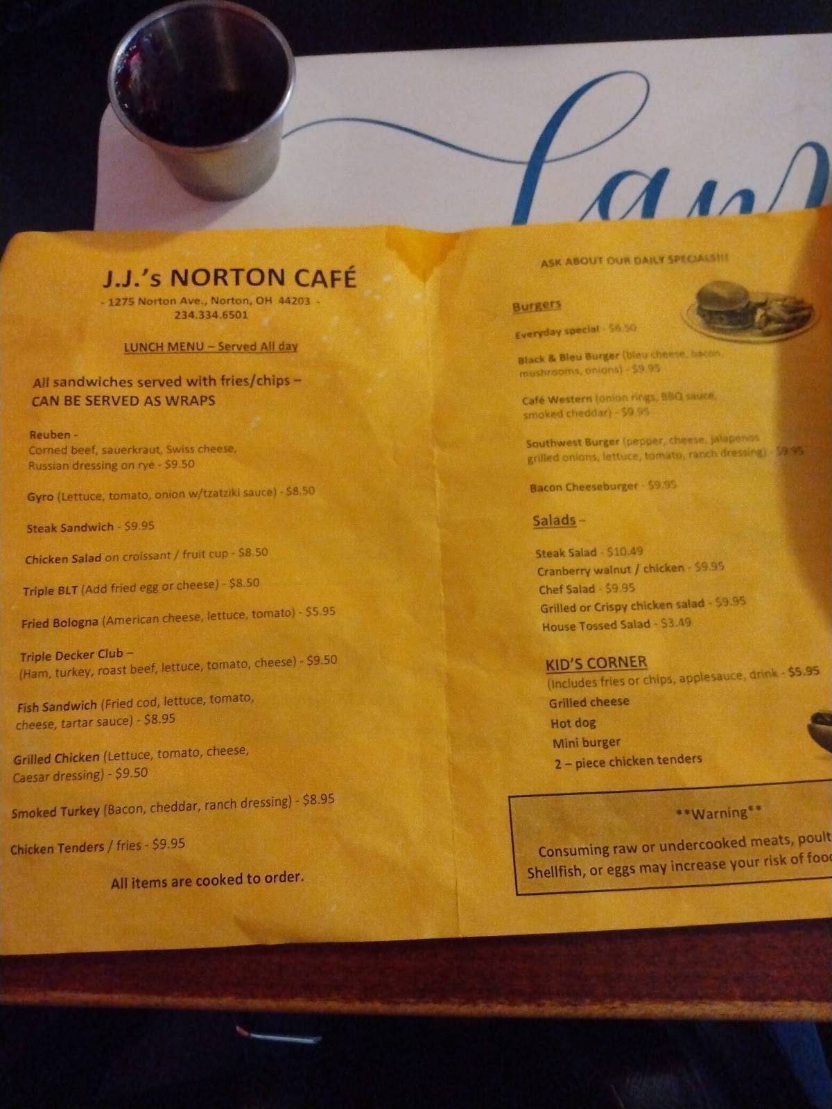 Menu at JJ's Norton Cafe, Norton