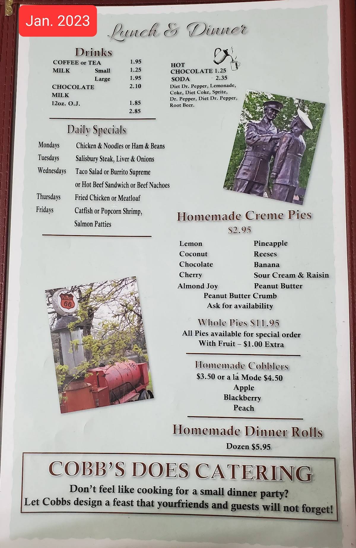 Menu at JW Cobbs restaurant, Ponca City, N 14th St