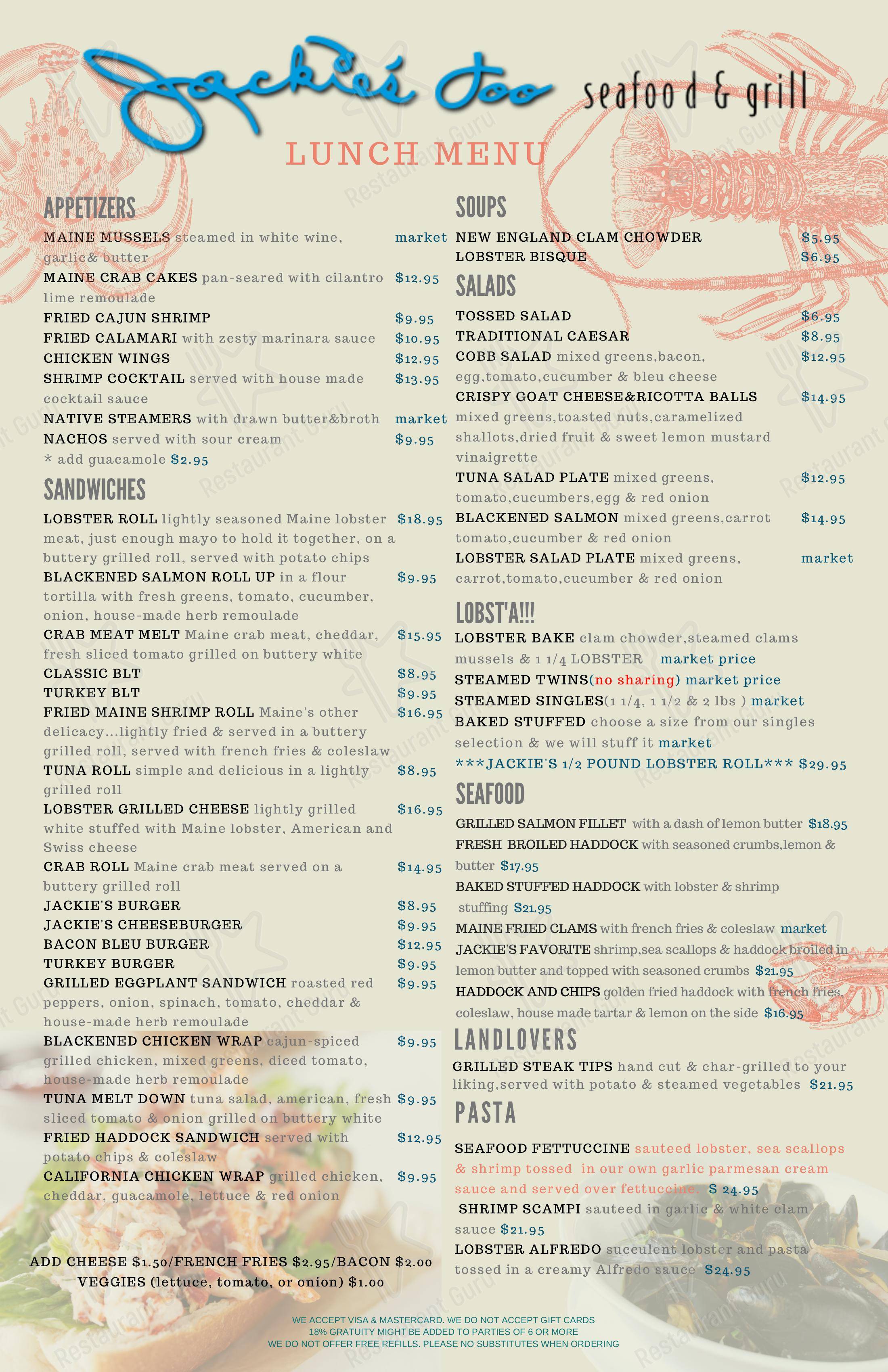 Menu at Jackie's Too pub & bar, Ogunquit, 91 Perkins Cove Rd