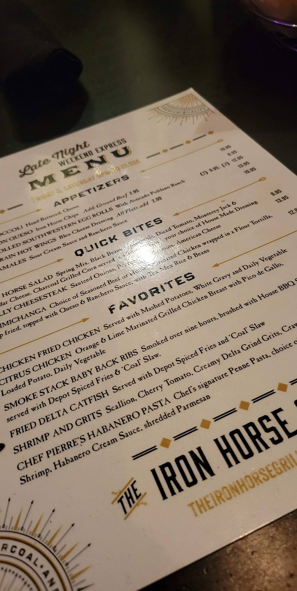 Menu at The Iron Horse Grill restaurant, Jackson