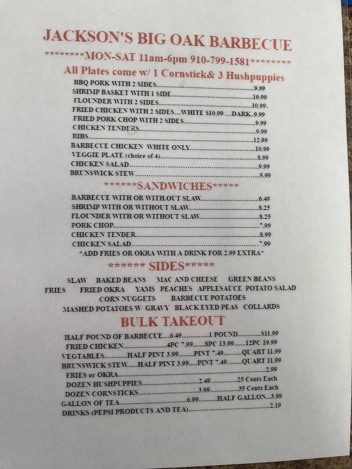 Menu at Jackson's Big Oak Barbecue, Wilmington