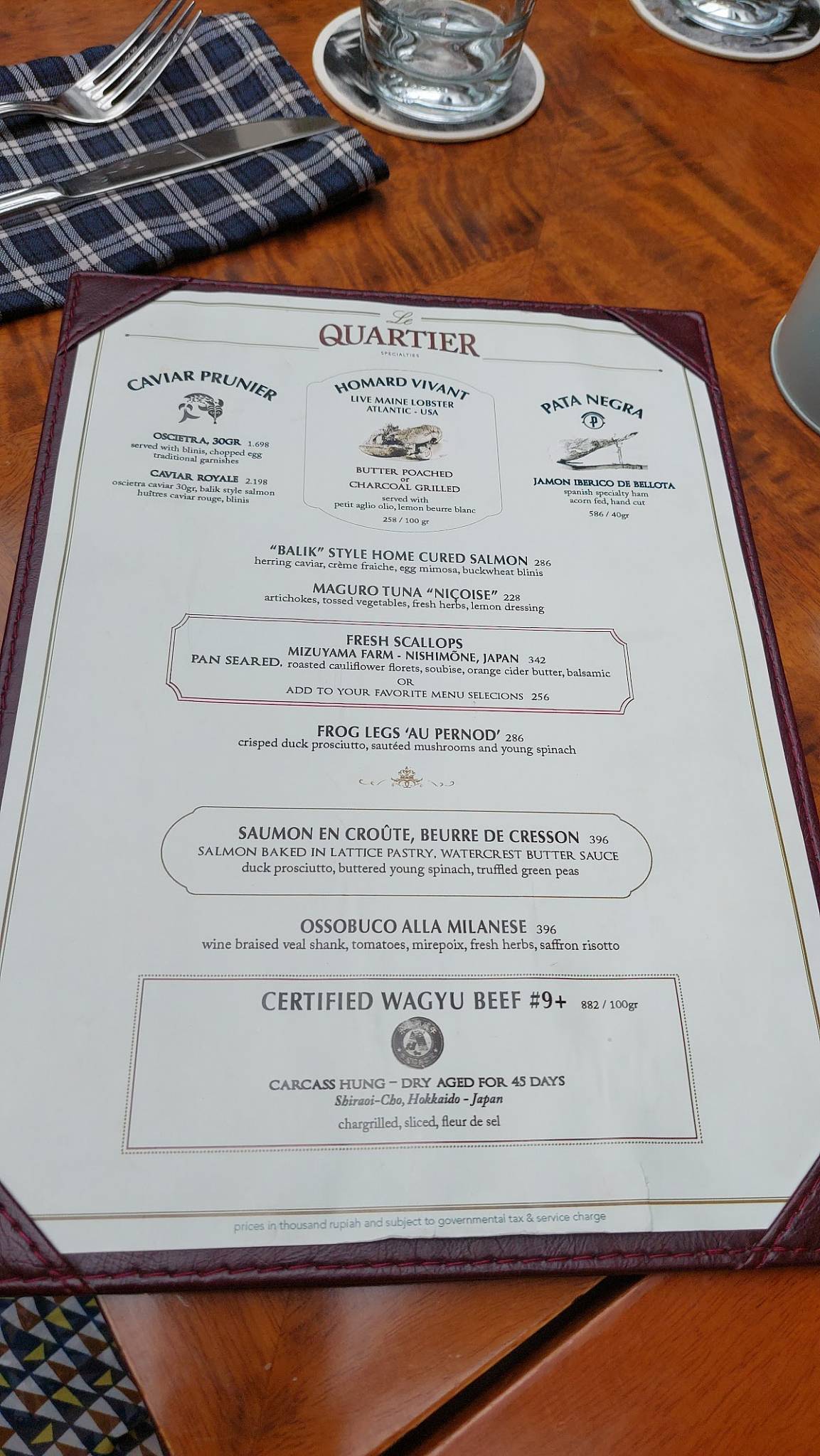 Menu at Le Quartier restaurant, Jakarta