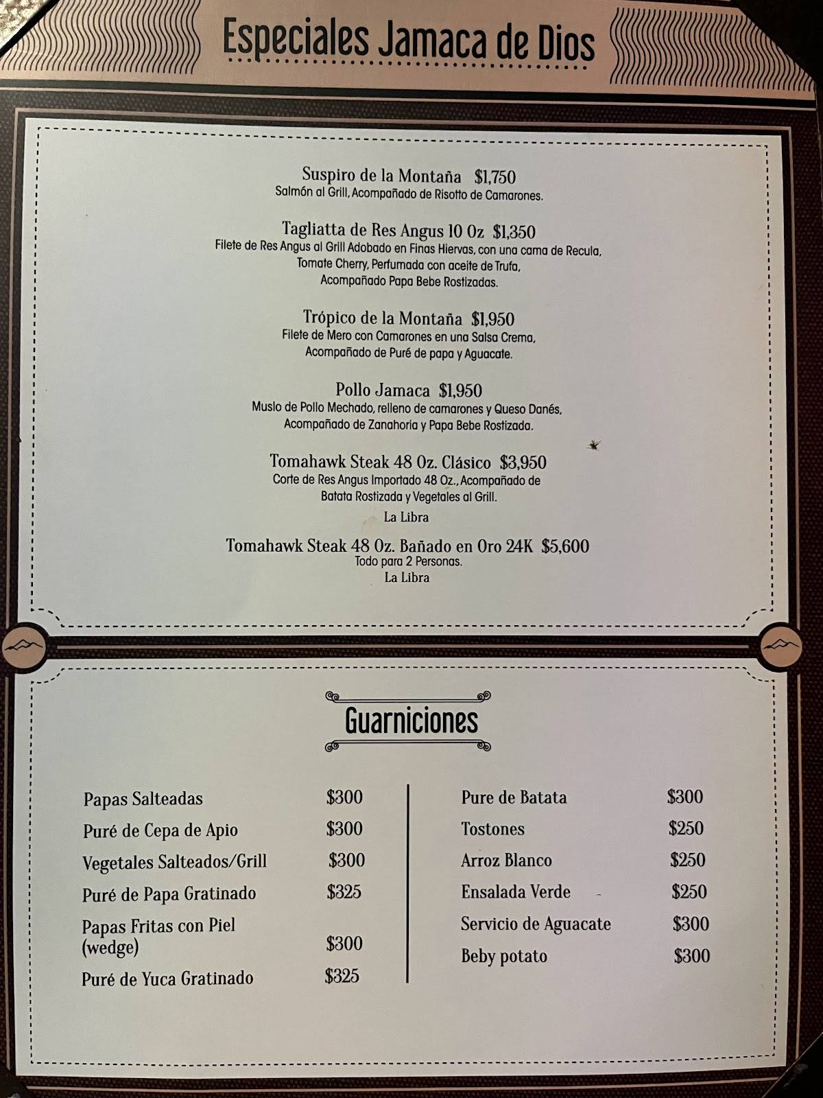Carta de Restaurante Jamaca de Dios, Jarabacoa, Carretera Palo Blanco