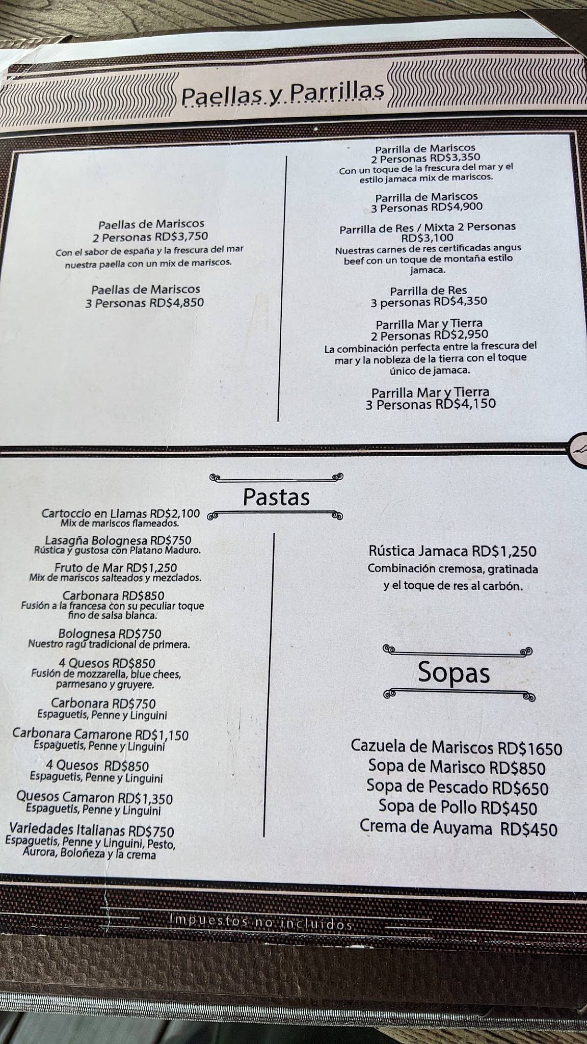 Carta de Restaurante Jamaca de Dios, Jarabacoa, Carretera Palo Blanco