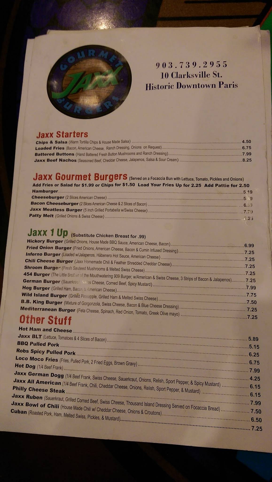 Menu at Jaxx Burgers restaurant, Paris