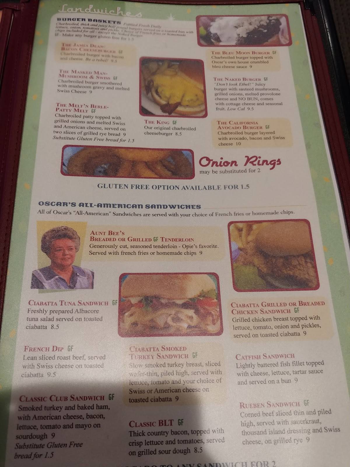 Menu at Oscar's Classic Diner steakhouse, Jefferson City