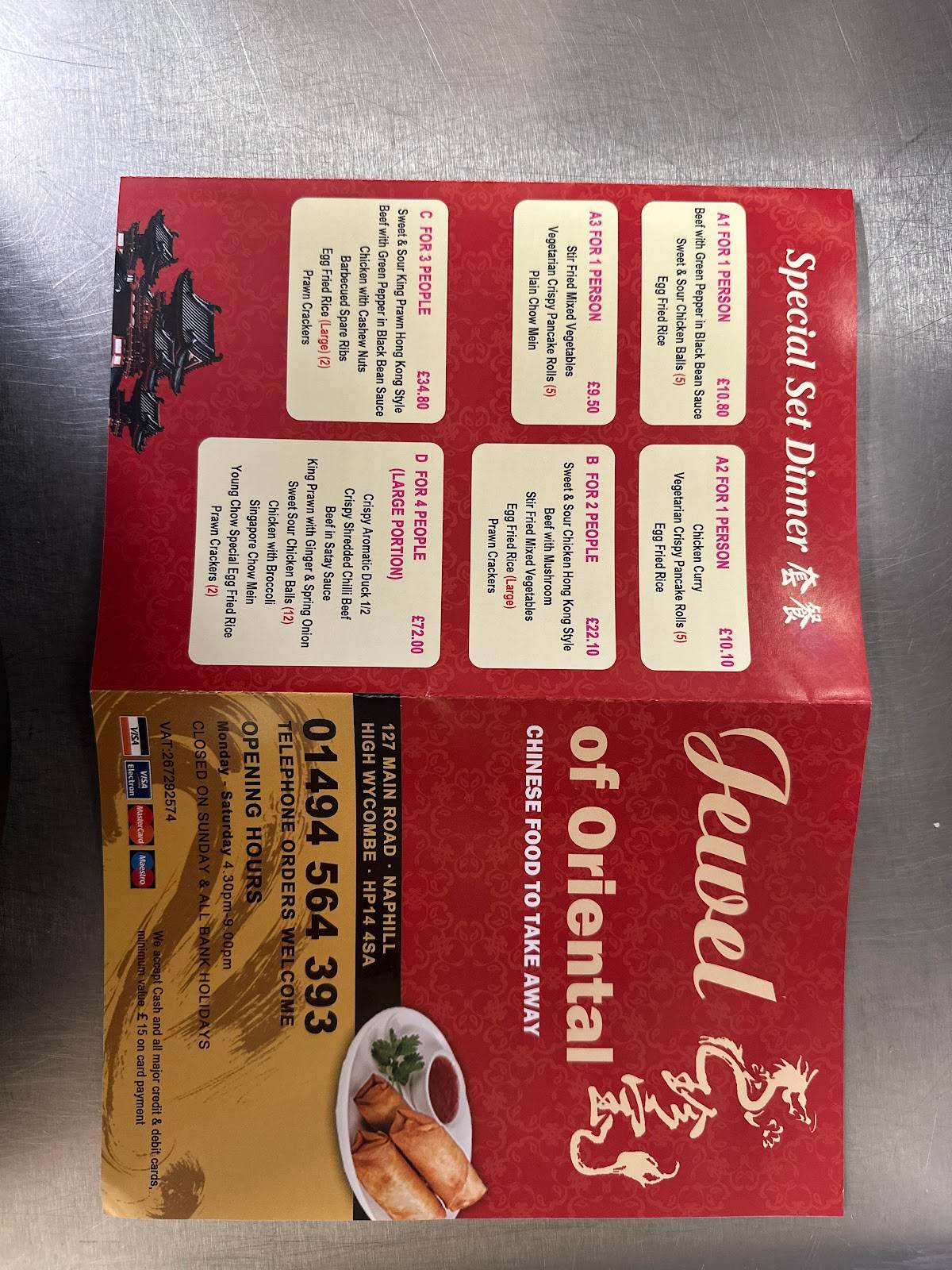Menu at Jewel of Oriental fast food, High Wycombe, 127 Main Rd