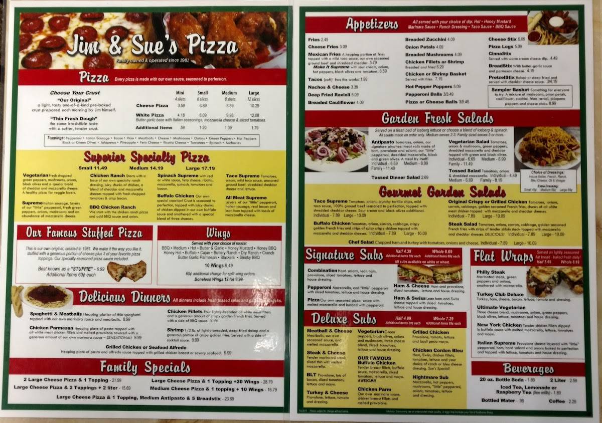 Menu at Jim & Sue's Lake City Pizza pizzeria, Lake City