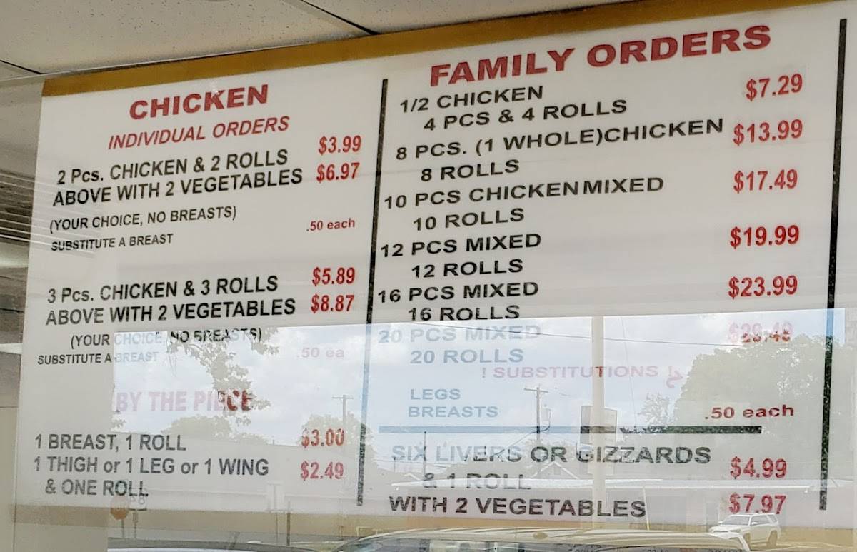 Menu at Jim's Krispy Fried Chicken restaurant, Mexia