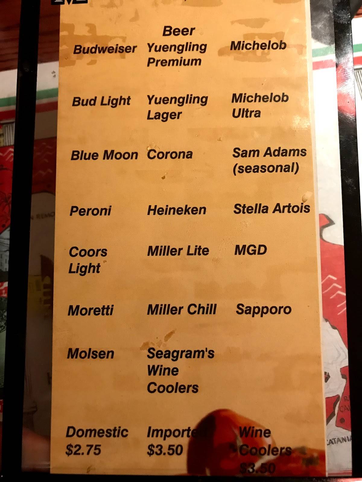 Menu at The Original Italian Pizza & Restaurant, Shamokin