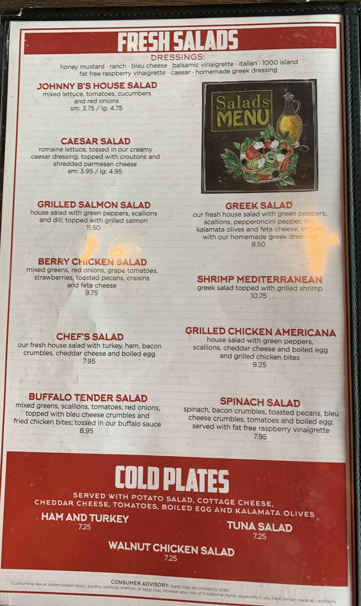 Menu at Johnny B's Grillhouse restaurant, Winston-Salem