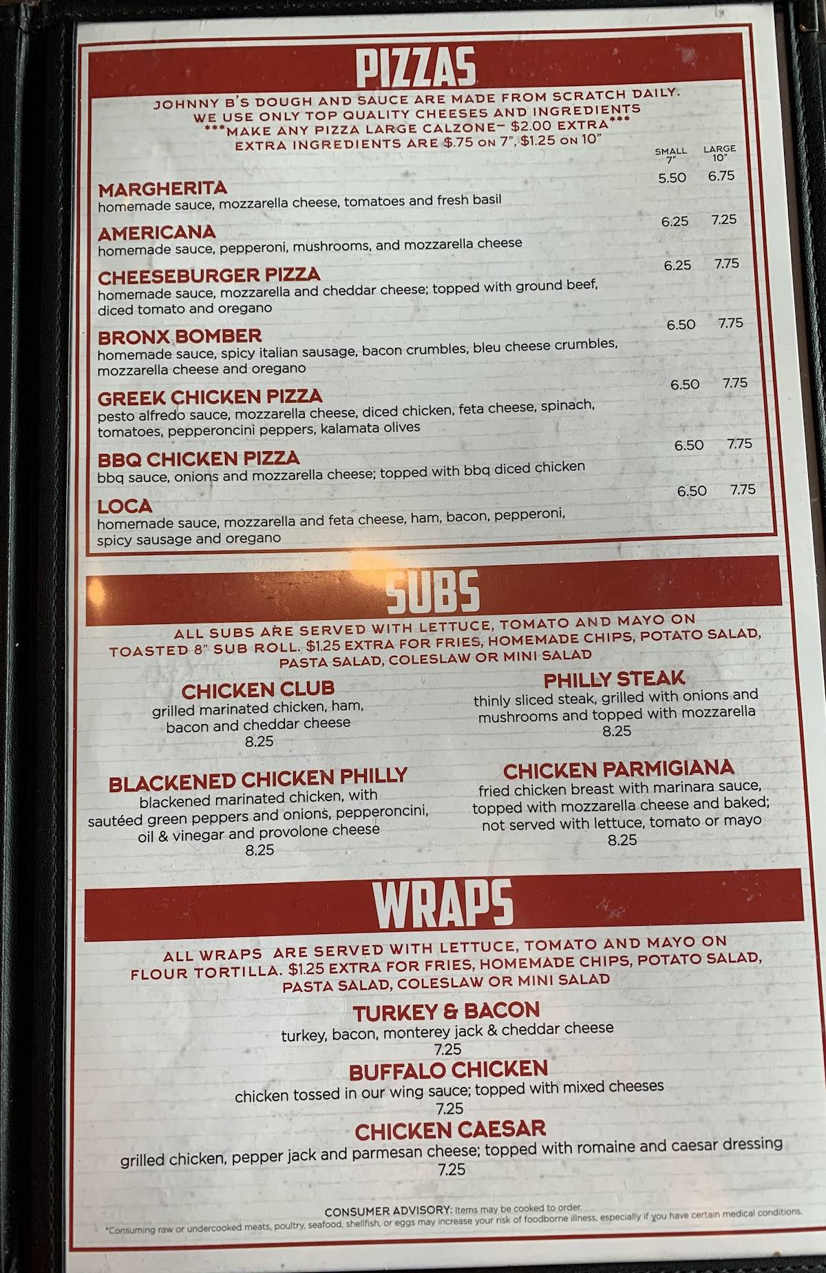 Menu at Johnny B's Grillhouse restaurant, Winston-Salem