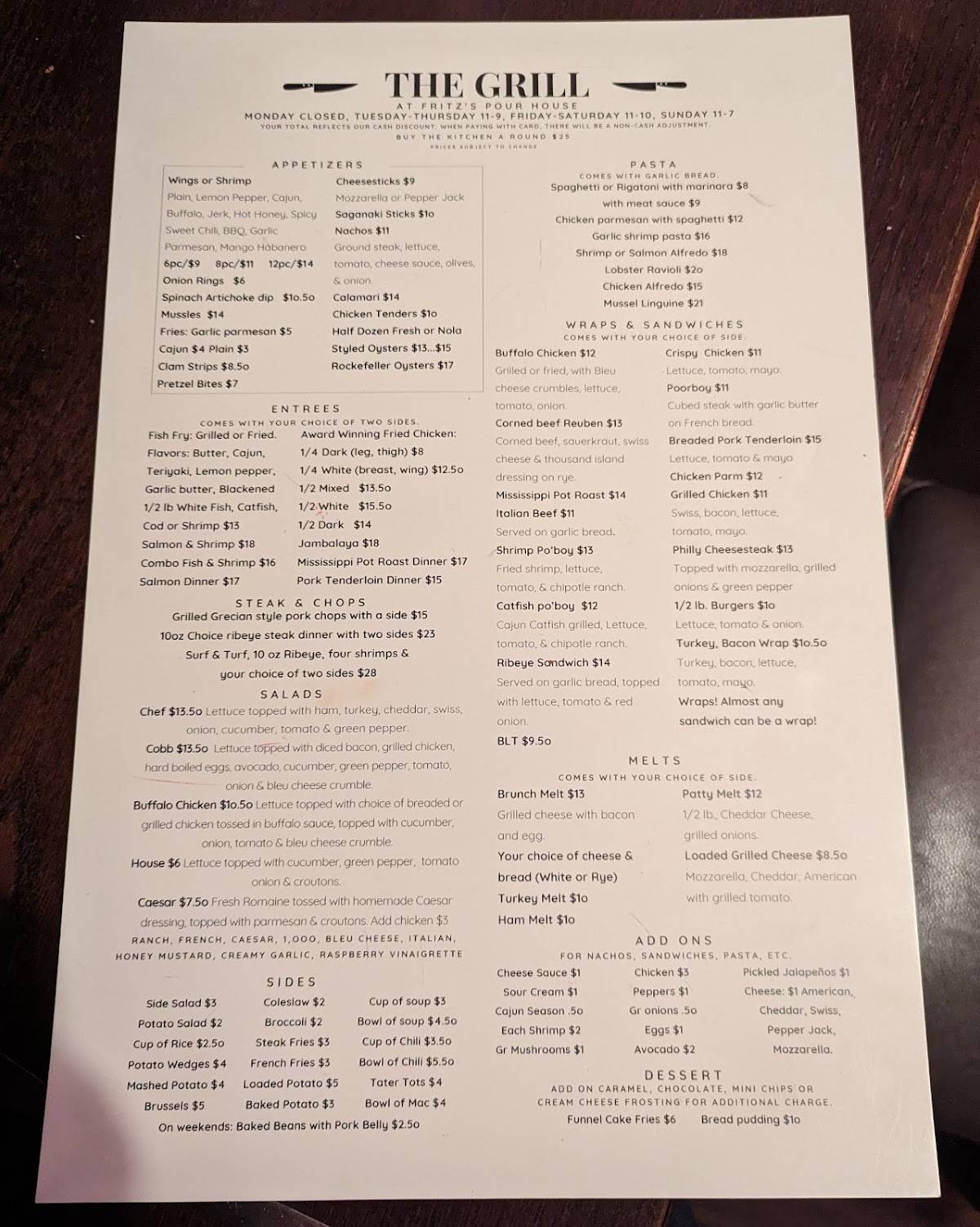 Menu at Fritz's Pour House Bar, Joliet