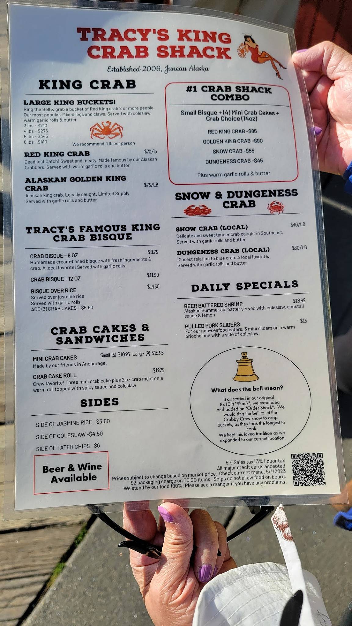 Menu at Tracy’s King Crab Shack restaurant, Juneau, 432 S Franklin St