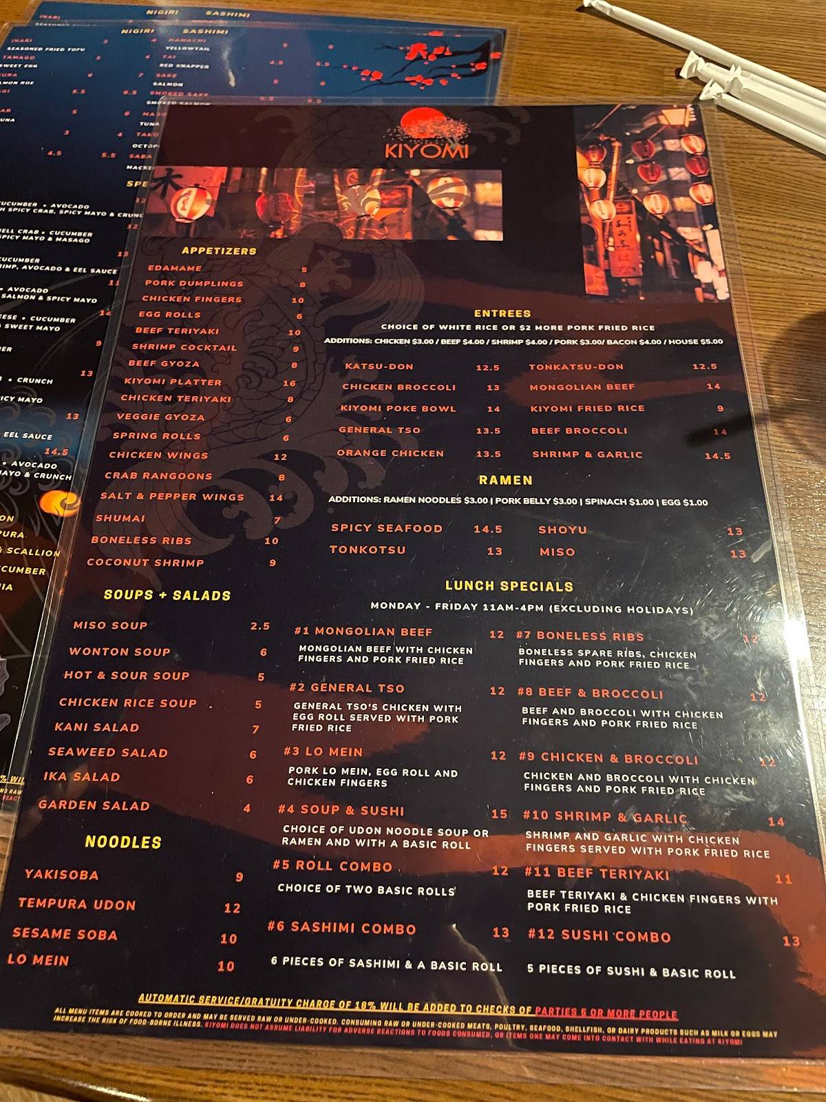Menu at Kiyomi restaurant, Chicopee