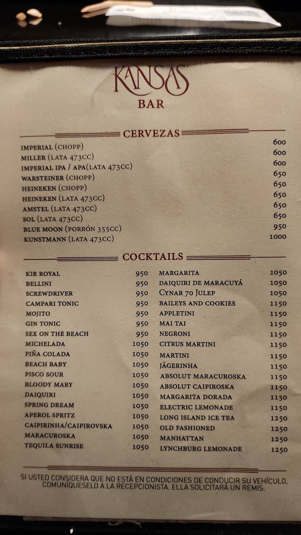 Carta del restaurante Kansas, Buenos Aires, Av. del Libertador 4625