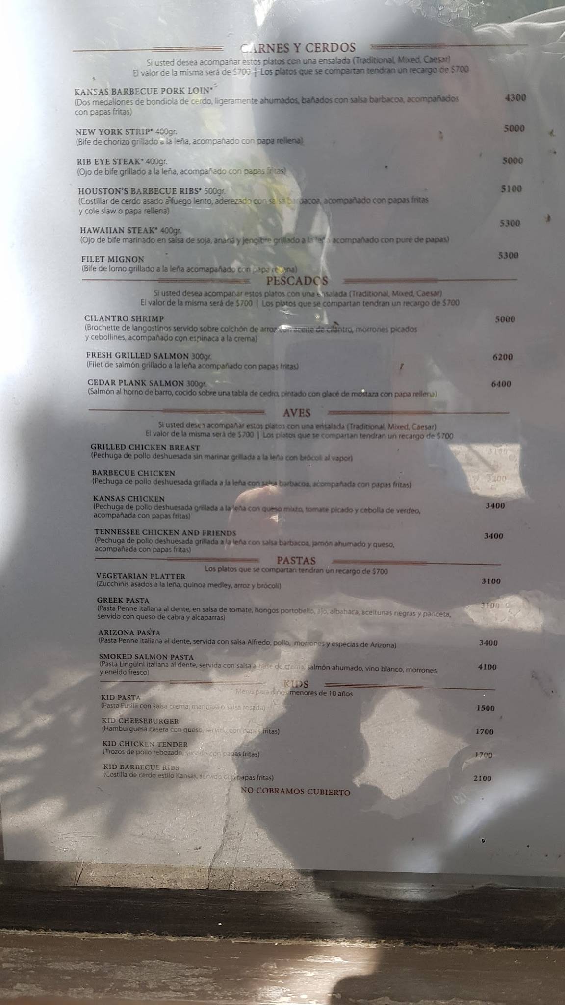 Carta del restaurante Kansas, Buenos Aires, Av. del Libertador 4625