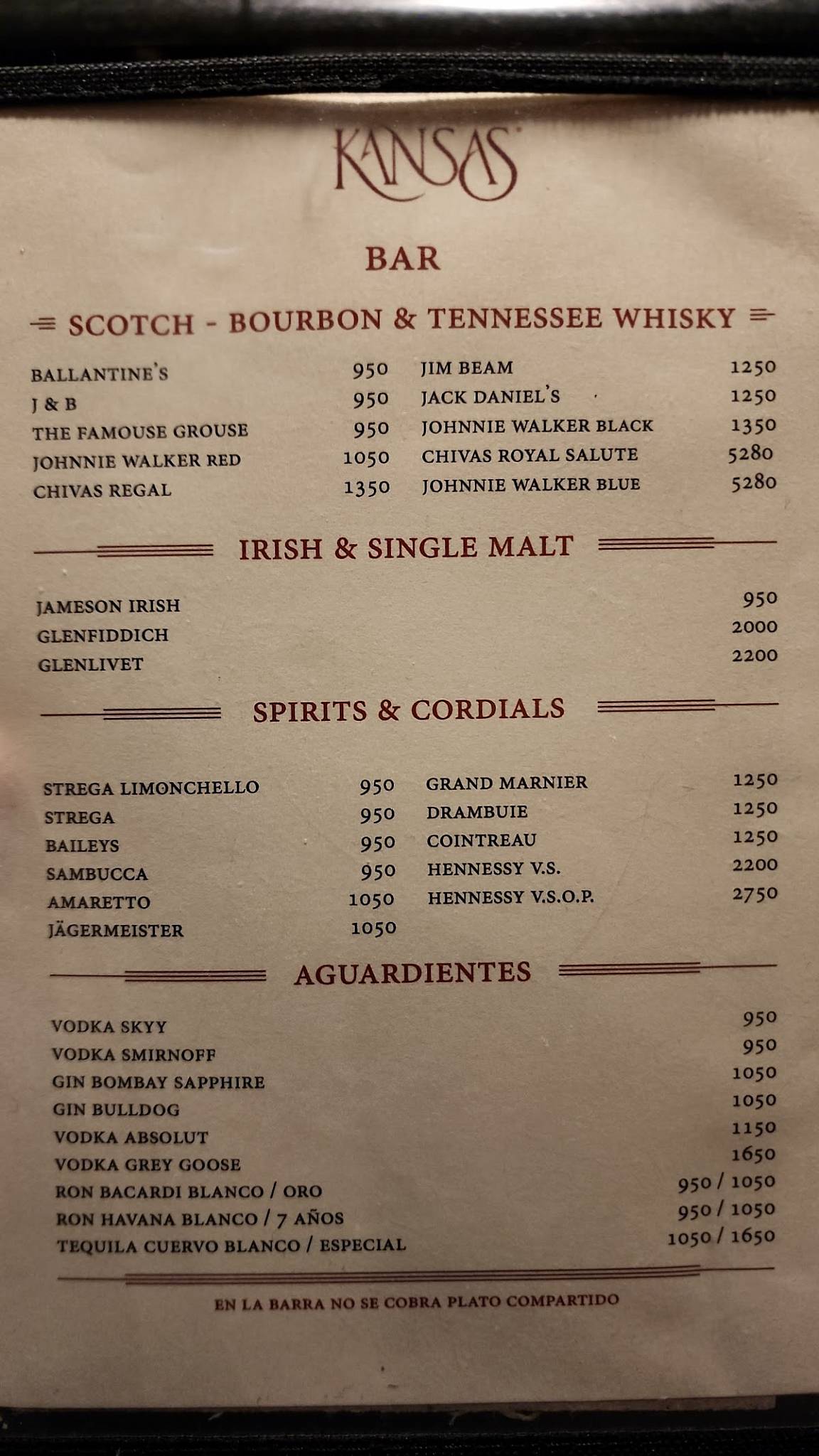 Carta del restaurante Kansas, Buenos Aires, Av. del Libertador 4625