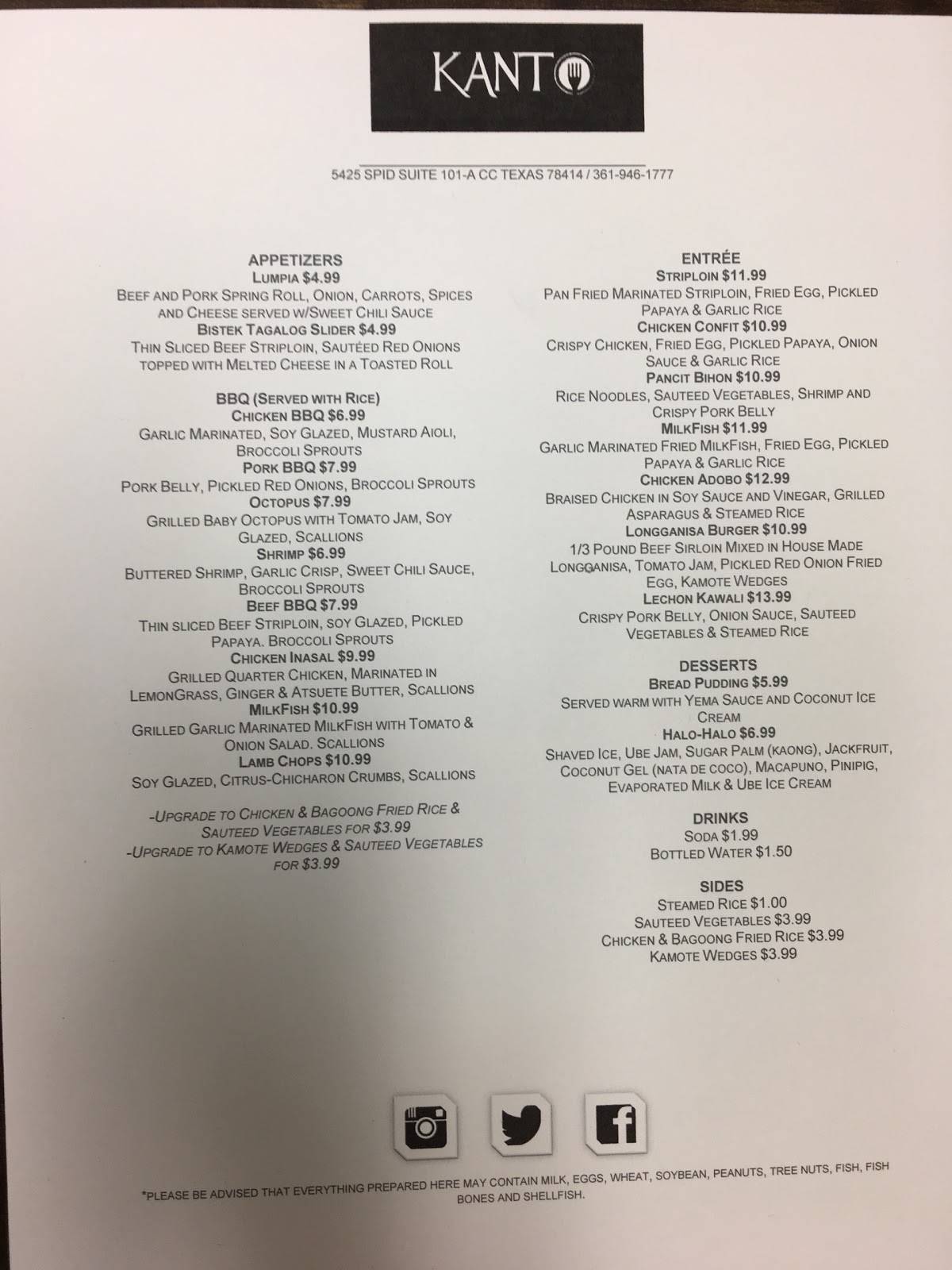 Menu at Kanto Filipino Barbecue, Corpus Christi, -5251 S Staples St