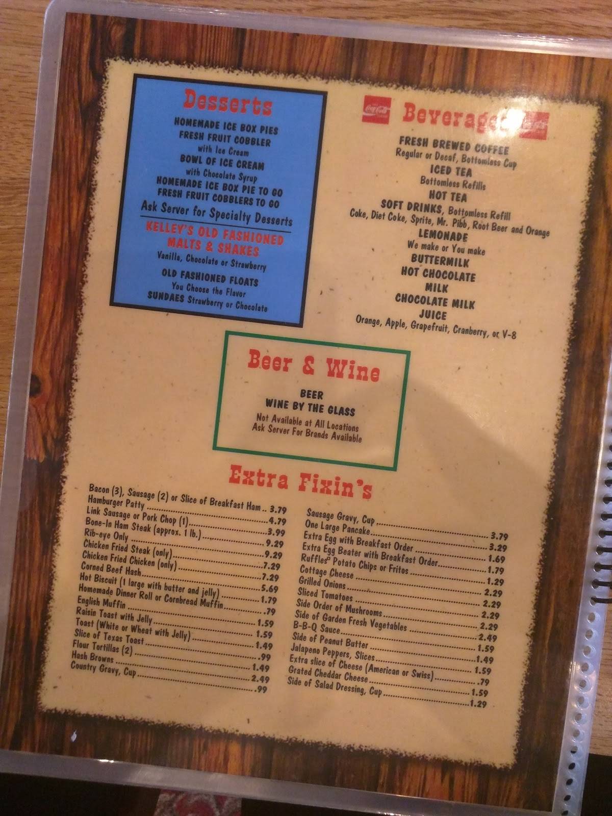 Menu at Kelley's Country Cookin' restaurant, Pasadena, Spencer Hwy