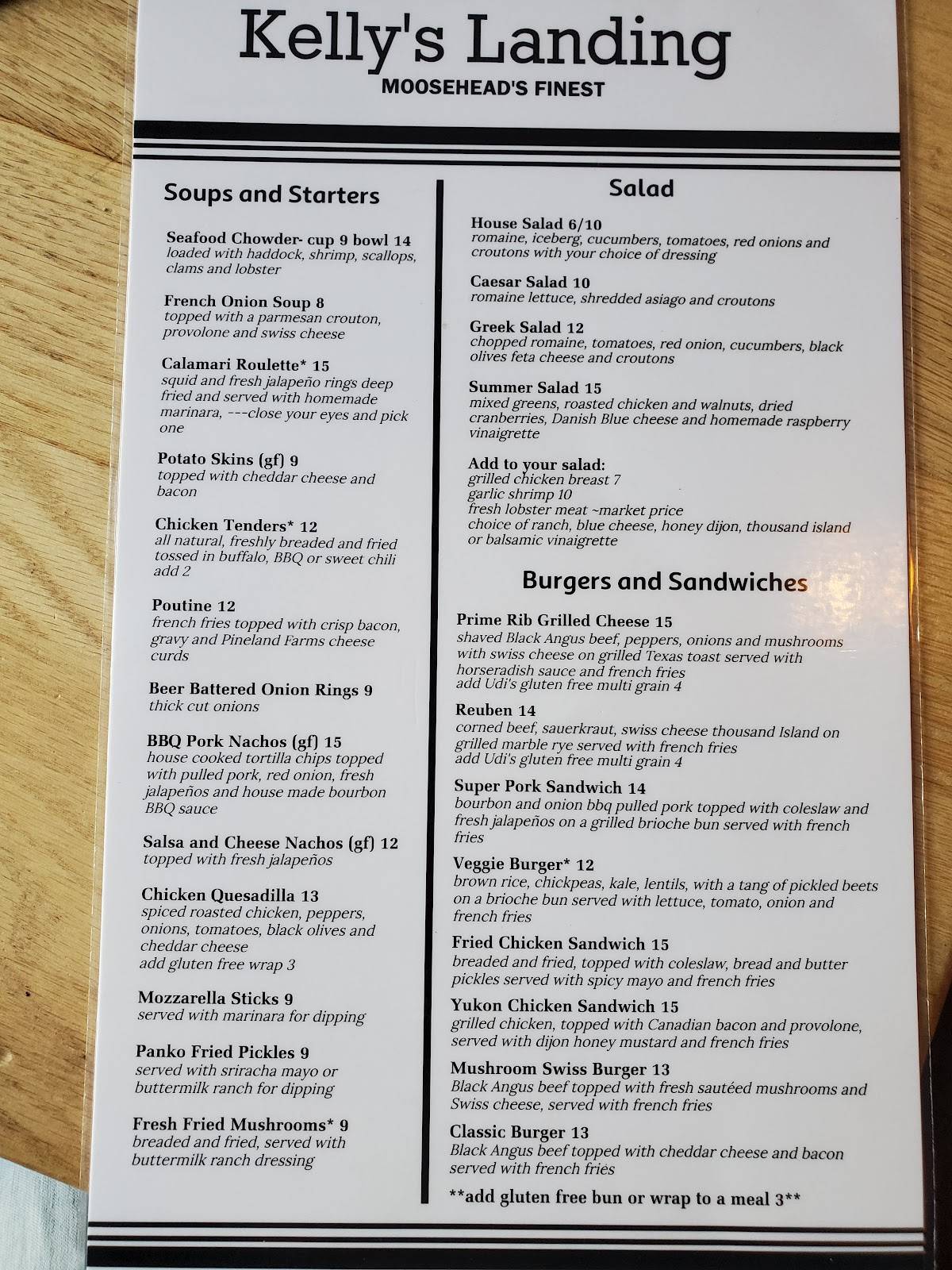 Menu at Kelly's Landing restaurant, Greenville