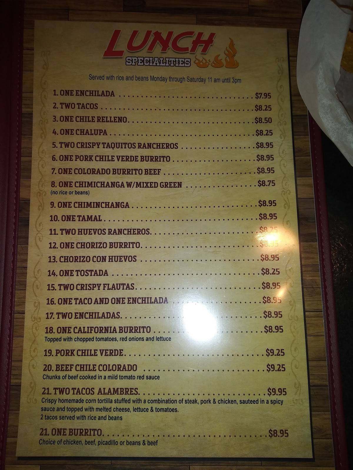 Menu at Fuego Mexican Grill restaurant, Kennewick