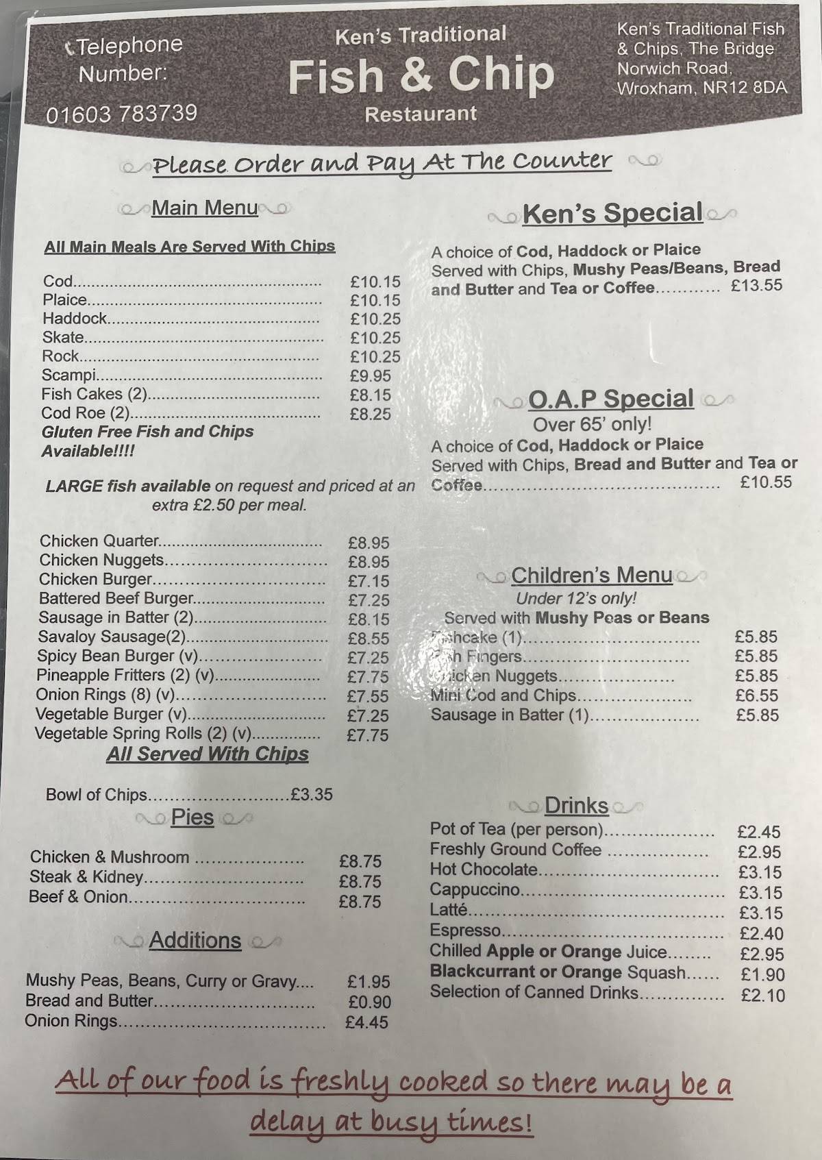 Menu at Kens Traditional Fish & Chips restaurant, Norwich