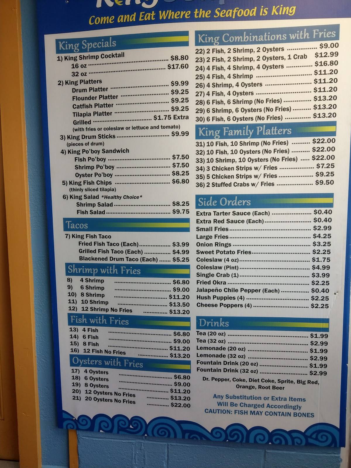 Menu at King Seafood restaurant, Corpus Christi