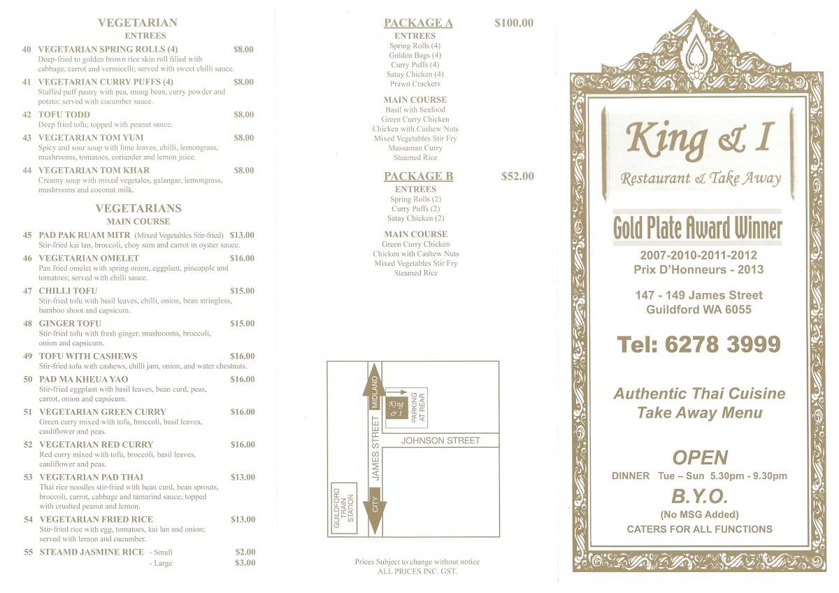 Menu at King & I restaurant, Guildford