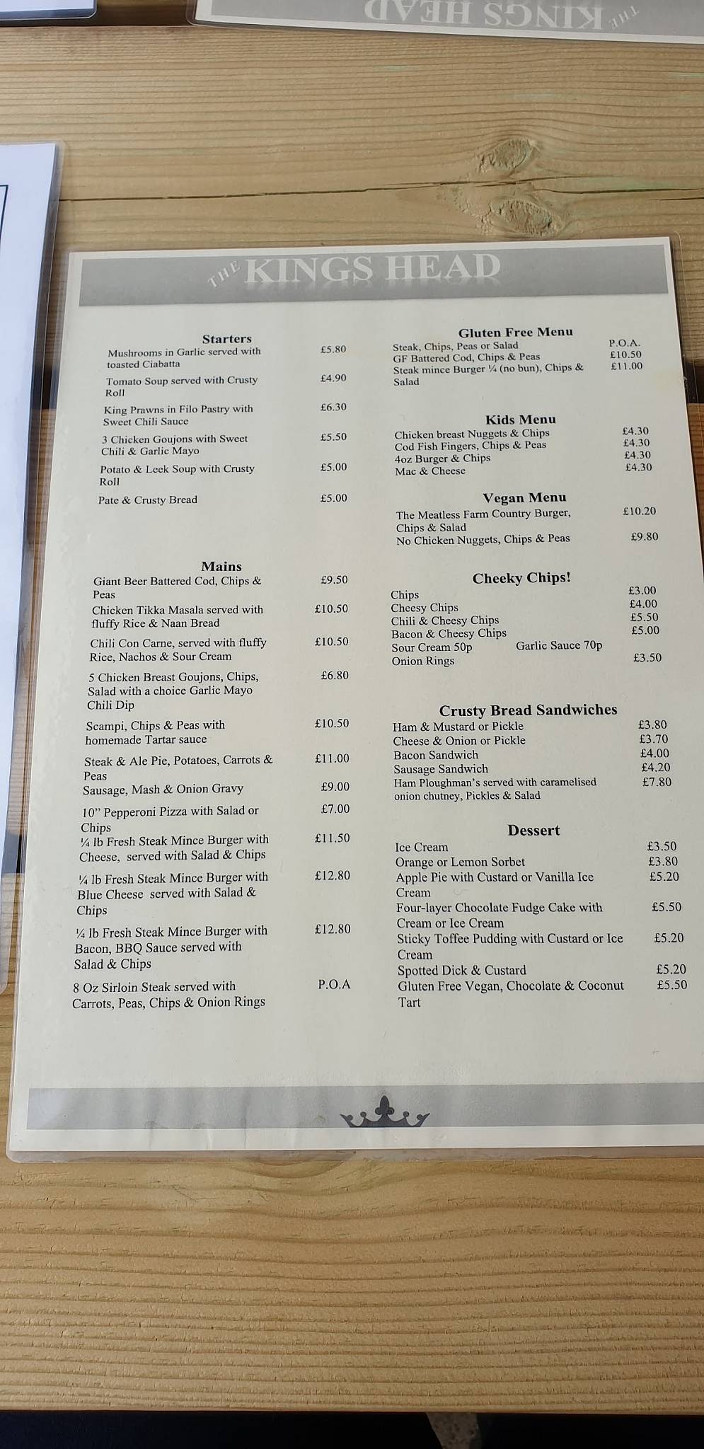 Menu at Kings Head pub & bar, Docklow