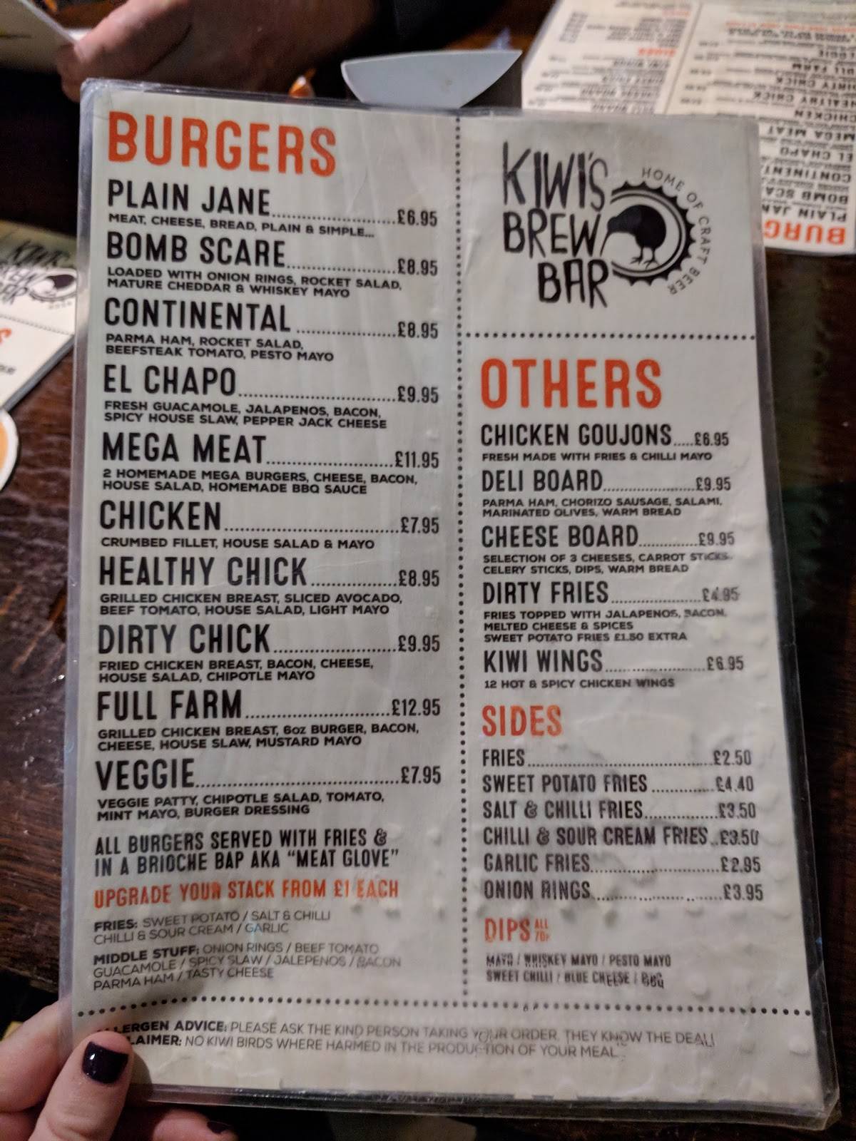 Menu at Kiwi's Brew Bar, Portrush